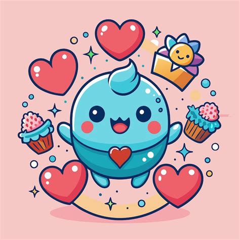 Cute Blue Blob Character With Hearts Cupcakes And A Flower Premium Ai Generated Vector