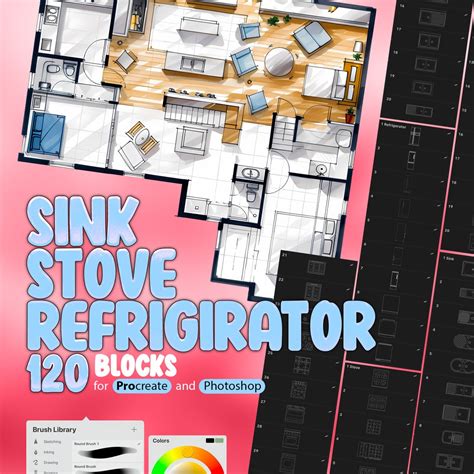 100 Sink Refrigirator Stove Blocks Procreate Stamp Brushes Furniture