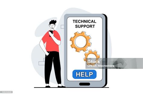 웹을 위한 플랫 디자인에서 사람들 장면을 가진 기술 지원 개념 기술 헬프 데스크에 전화를 걸어 상담과 해결책을 얻는 남자 소셜