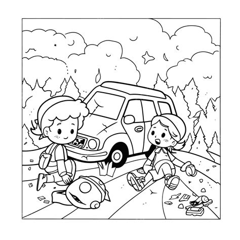 자동차 아웃라인 스케치 드로잉을 놀고 쫓는 동안 밖에 있는 세 아이의 색칠 페이지 벡터 사고 도면 사고개요 사고 스케치 Png 일러스트 및 벡터 에 대한 무료