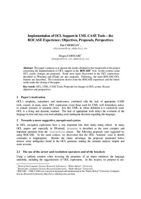 Pdf Implementation Of Ocl Support In Uml Case Tools The Rocase Experience Objectives