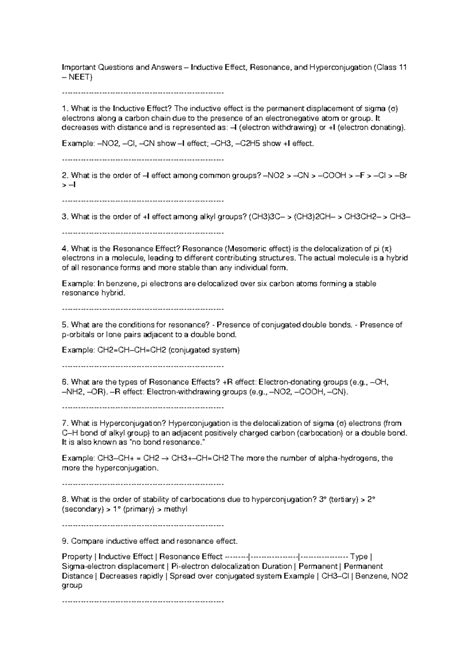 Important Questions On Inductive Effect Resonance And Hyperconjugation