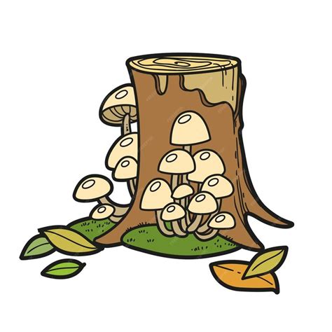 흰색 배경에 격리된 색칠 페이지를 위한 버섯과 이끼 색상 변형이 있는 키 큰 그루터기 프리미엄 벡터