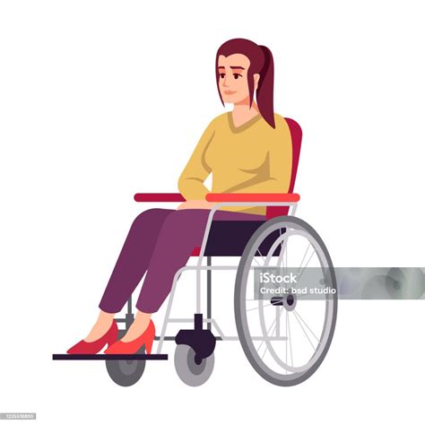 휠체어 세미 플랫 Rgb 색상 벡터 일러스트레이티드의 여성 장애인 소녀 장애인 복구 기간 재활 심리학 상담 흰색 배경에 고립 된 만화 캐릭터 마비에 대한 스톡 벡터 아트 및