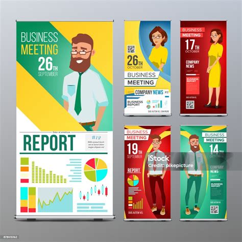 배너 설정된 벡터 롤업 됩니다 수직 광고 판 템플릿입니다 실업가 그리고 비즈니스 여자 박람회 프레 젠 테이 션 축제입니다 포럼을 위한 기업 프레 젠 테이 션 개념입니다