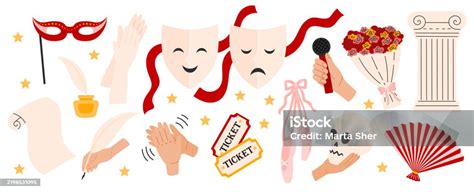 극장 요소 세트 연극 코미디 및 드라마 마스크 티켓 꽃 포인트 슈즈 라디스 팬 극장의 날 스티커 흰색 배경에 고립 된 평면 벡터 일러스트 레이 션 0명에 대한 스톡 벡터