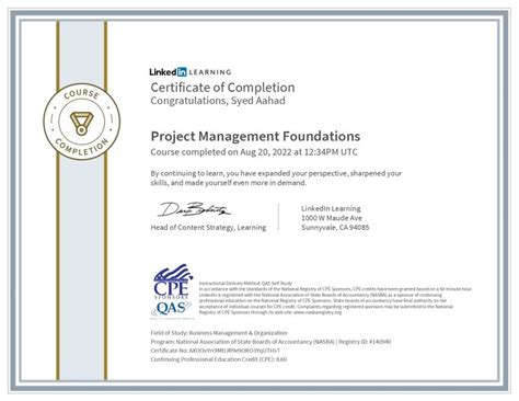 Achievement Certified Project Management Foundations By Linkedin Learning Date August 20th