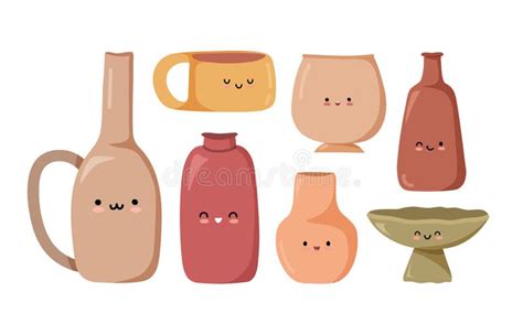 Set Of Kawaii Pottery Objects Cute Ceramic Crockery Vector Collection Stock Vector