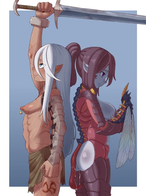 Rule 34 2girls Absurdres Arm Up Armpits Back To Back Bell Blue Background Blue Skin Borrowed