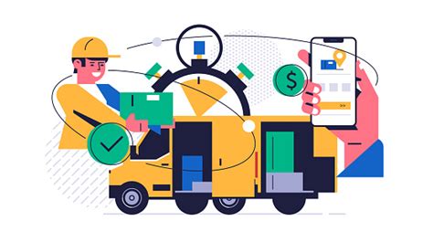 온라인 소포 배달 서비스 개념 모바일 앱 개념 손에 들고 전화와 소포 배달 응용 프로그램 디스플레이에 행복한 택배는 트럭에서 주문상자를 넘겨 그림 가공의 인물에 대한 스톡