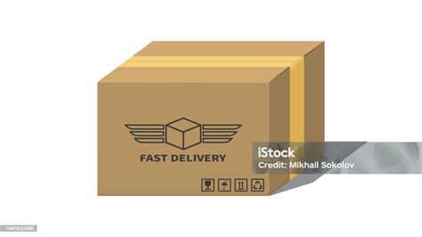 노란색 테이프로 봉인된 우편 판지 상자 배달 회사의 로고와 비문 빠른 배달이 있는 포장 상자 정보 아이콘이 있는 패키지 상자입니다 3차원 형태에 대한 스톡 벡터 아트 및