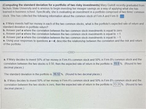 Solved Computing The Standard Deviation For A Portfolio Of Chegg Com