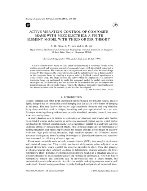 Pdf Active Vibration Control Of Composite Beams With Piezoelectrics A Finite Element Model