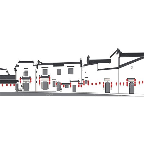 Anhui Hongcun Hui Style Characteristic Architecture Black Tile White Wall Red Lantern Hui