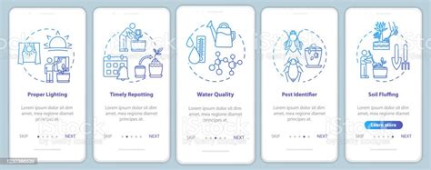 꽃은 개념과 모바일 앱 페이지 화면을 온보딩 우려 물 온도 허브 재배 연습 5 단계 그래픽 지침 Rgb 색상 일러스트레이션이 있는 Ui 벡터 템플릿 5에 대한 스톡 벡터