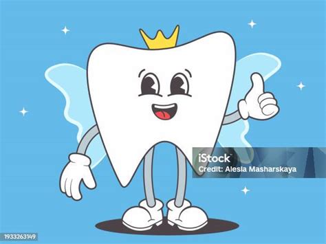 복고풍 스타일의 이빨 요정 국가 치아 요정의 날 벡터 일러스트 레이 션 날개와 마술 지팡이가 있는 치아 형태의 빈티지 마스코트