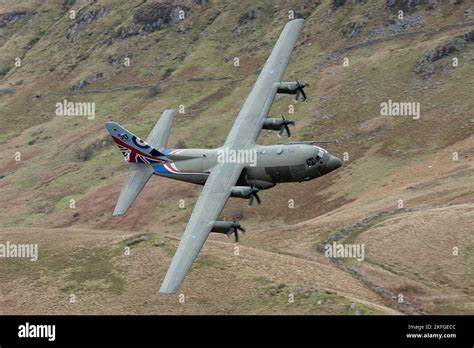 Machynlleth Wales Uk 50 Year Anniversary Raf Hercules Flying Through The Mach Loop At Low Level