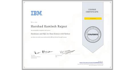 Completion Certificate For Databases And Sql For Data Science With Python Harshad Rajput