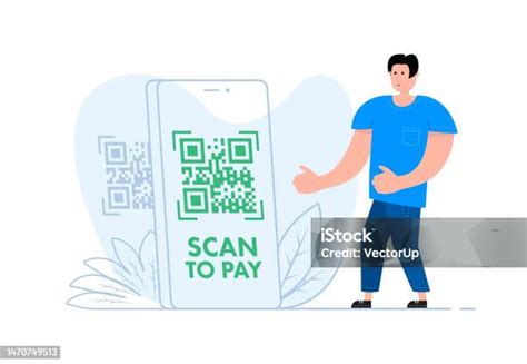 한 남자가 스마트 폰 근처에 서서 화면에 Qr 코드와 텍스트 스캔을 지불합니다 Qr 코드 결제 Qr코드에 대한 스톡 벡터 아트 및 기타 이미지 Istock