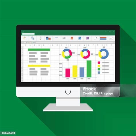 컴퓨터 화면 플랫 아이콘에 스프레드 시트 재무 회계 보고서 개념입니다 계획 및 회계 분석 감사 프로젝트 관리 마케팅 연구 벡터 일러스트 레이 션에 대 한 사무실 것 들