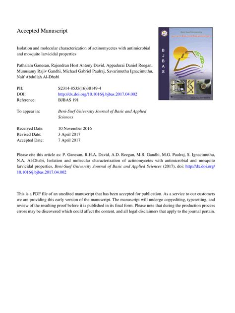 Pdf Isolation And Molecular Characterization Of Actinomycetes With Antimicrobial And Mosquito