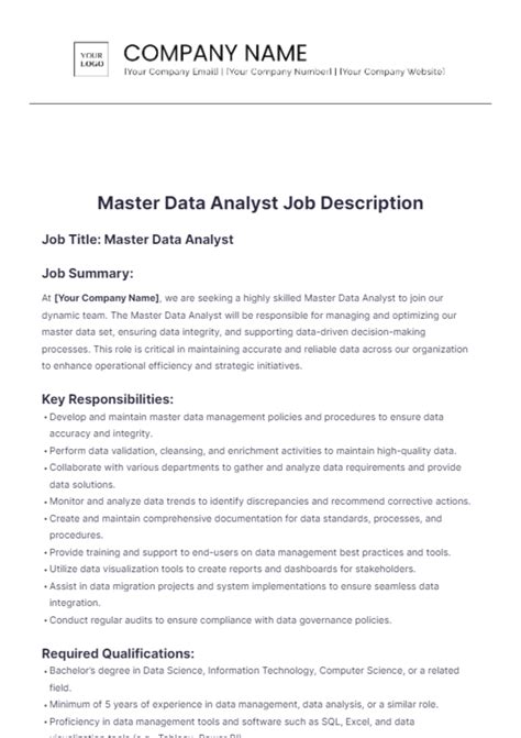 Free Master Data Analyst Job Description Template To Edit Online