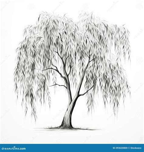 Realistic Black And White Willow Tree Drawing Stock Illustration