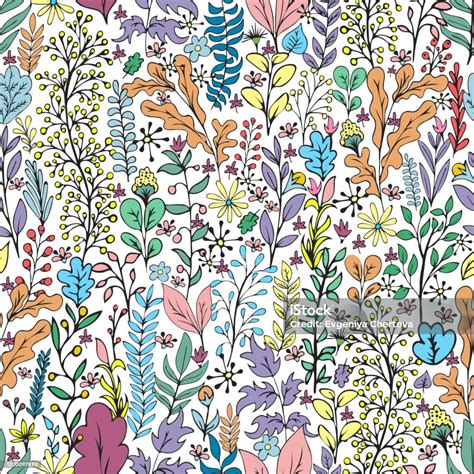 화려한 꽃 원활한 패턴 낙서 만화 그린 꽃 이국적인 자연 배경 손 그림 흰색 배경에 여러 가지 싹 꽃잎과 잎 벡터 일러스트레이션 0명에 대한 스톡 벡터 아트 및 기타 이미지