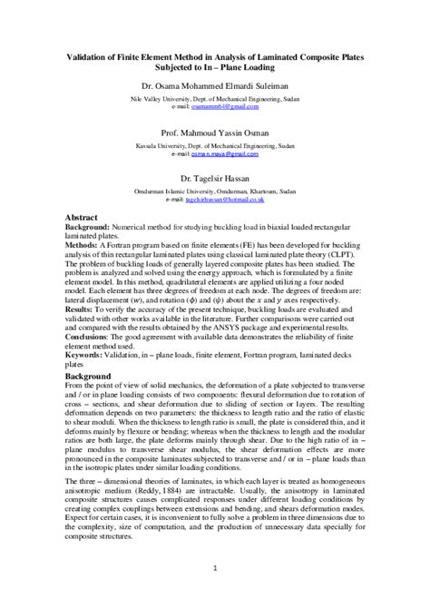 Pdf Validation Of Finite Element Method In Analysis Of Laminated Composite Plates Subjected To