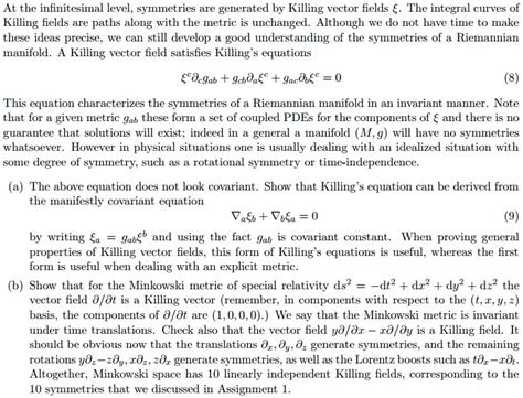 At The Infinitesimal Level Symmetries Are Generated By Killing Vector Fields ξ The Integral