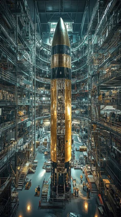 Massive Rocket Assembly In Industrial Facility With Engineers And