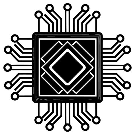 Black And White Illustration Of A Microprocessor Chip With Circuit Board Connections Premium