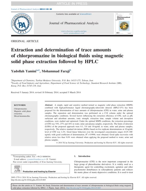 Pdf Extraction And Determination Of Trace Amounts Of Chlorpromazine In Biological Fluids Using
