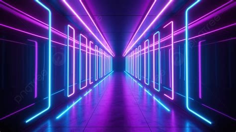 원근감 있는 파란색과 보라색 선이 있는 네온 복도의 미래형 3d 렌더링 네온 룸 공상 과학 배경 어두운 빛 배경 일러스트 및 사진 무료 다운로드 Pngtree