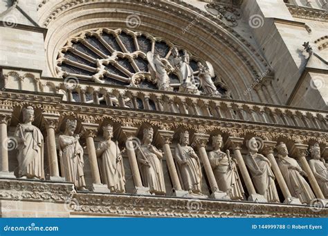 Details Of Figures Stone Carvings On Notre Dame Cathedral Paris