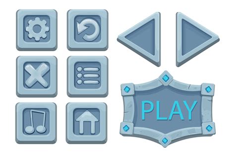 Set Menu Ui Buttons On Stone Block In Comic Cartoon Style Game Design Element Interface Object