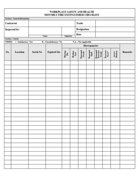 Monthly Fire Extinguisher Checklist Pdf Safety