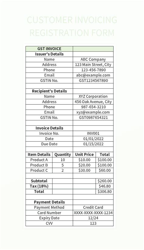 Registration Form For Customer Invoicing Excel Template And Google Sheets File For Free Download