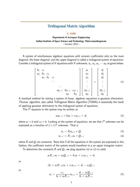 Tridiagonal Matrix Algorithm A Salih Pdf Equations Mathematics