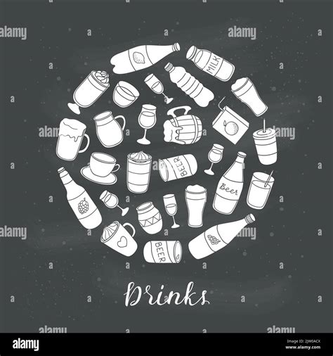 Different Hand Drawn Liquid Drinks Composed In Circle Shape With