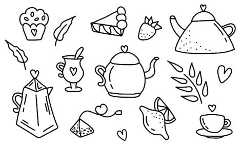 귀여운 티 타임 요소 컬렉션 두들 차 세트 벡터 아이콘 찻주전자 찻잔과 찻주전자 티백 찻잎 레몬 딸기 찻잔 모듬 주전자 추출 허브와 같은 아이콘이 들어 있습니다 오후 차에