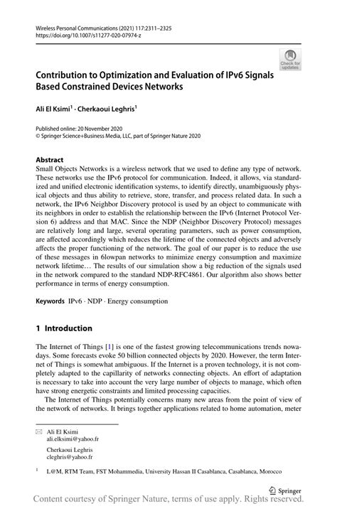 contribution to optimization and evaluation of ipv6 signals based constrained devices networks