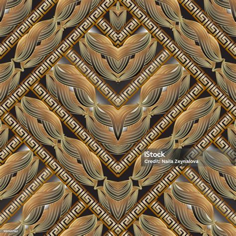 현대 화려한 골드 3d 벡터 완벽 한 패턴 기하학적 인 그리스 키 장식 우회 니트 물결 모양 선 도형 줄무늬 지그재그 마름모