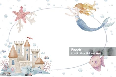 인어 물고기 수중 성이 있는 수채화 템플릿 어린이 초대장 유치한 인사말 카드 또는 아기 포스터를 위한 그림 배경에 대한 수중