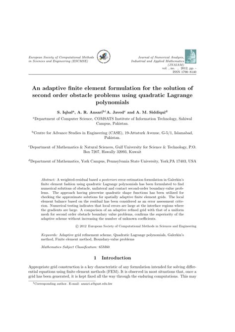 Pdf An Adaptive Finite Element Formulation For The Solution Of Second Order Obstacle Problems