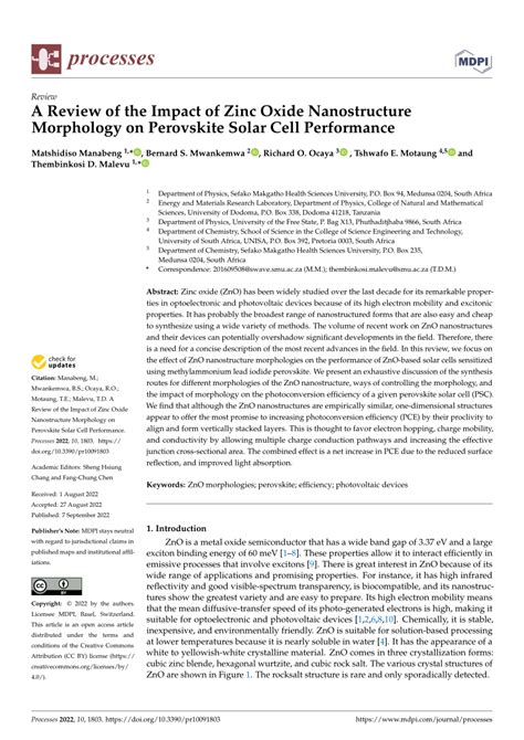 Pdf A Review Of The Impact Of Zinc Oxide Nanostructure Morphology On