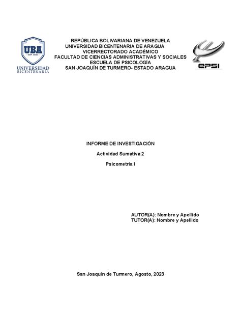 Modelo De Portada Psicologia RepÚblica Bolivariana De Venezuela