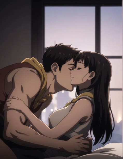Anime Couple Kissing In Bed With City View In Background Seaart Ai