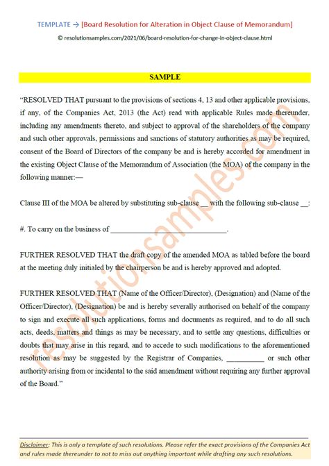 Board Resolution Format For Alteration In Object Clause Of Moa