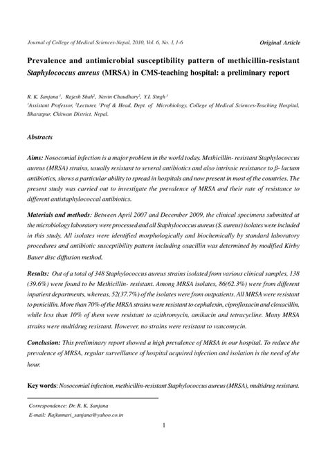 Pdf Prevalence And Antimicrobial Susceptibility Pattern Of Methicillin Resistant